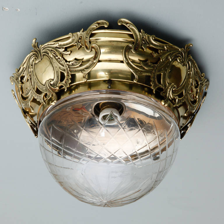 Ceiling Mount Fixture with Elaborate Brass Frame and Etched Glass Globe ...