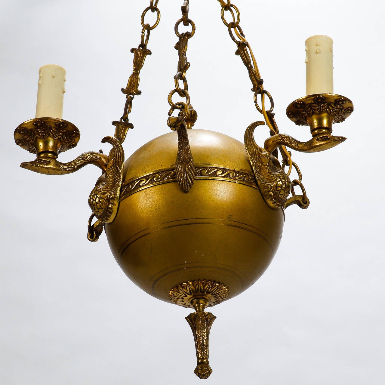 Small Round Neoclassical Three-Light Brass Fixture with Original Chain ...