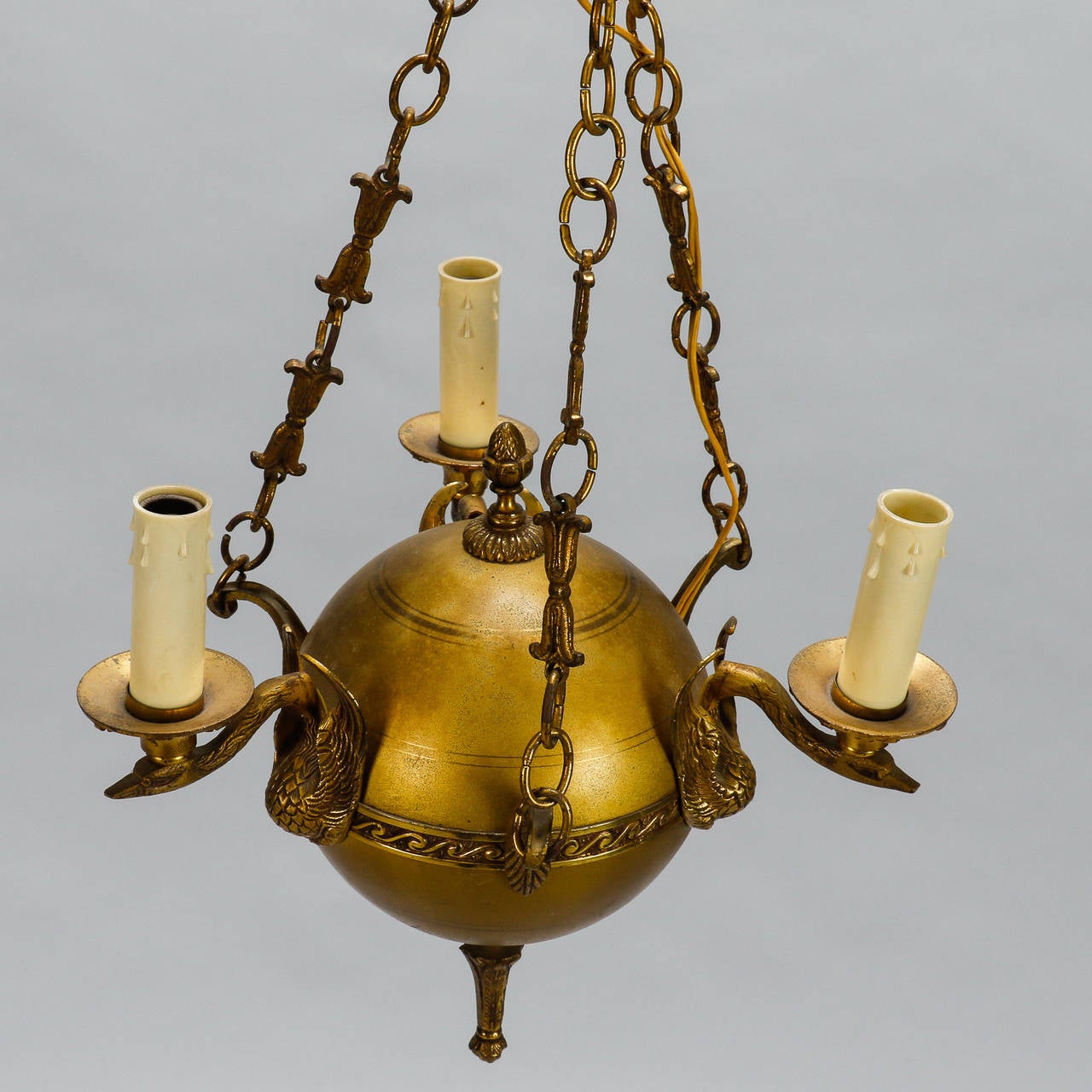 Small Round Neoclassical Three-Light Brass Fixture with Original Chain ...