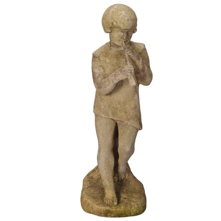 English Bromsgrove Guild Stone Garden Statue of a Boy with Pipe at 1stDibs