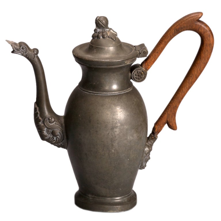 19th Century Pewter Coffee Pot With Long Wood Handle at 1stDibs
