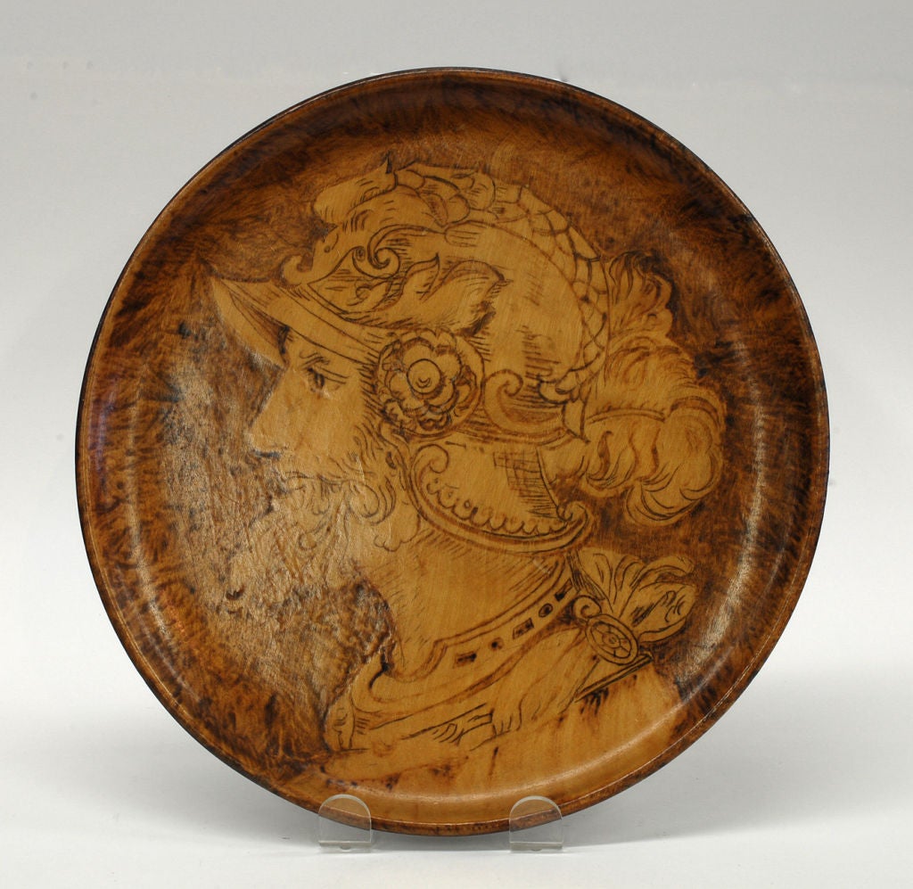 An Antique Pyrography Plate of an ancient warrior For Sale at 1stDibs