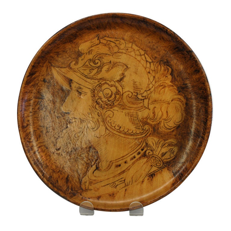 An Antique Pyrography Plate of an ancient warrior For Sale at 1stDibs
