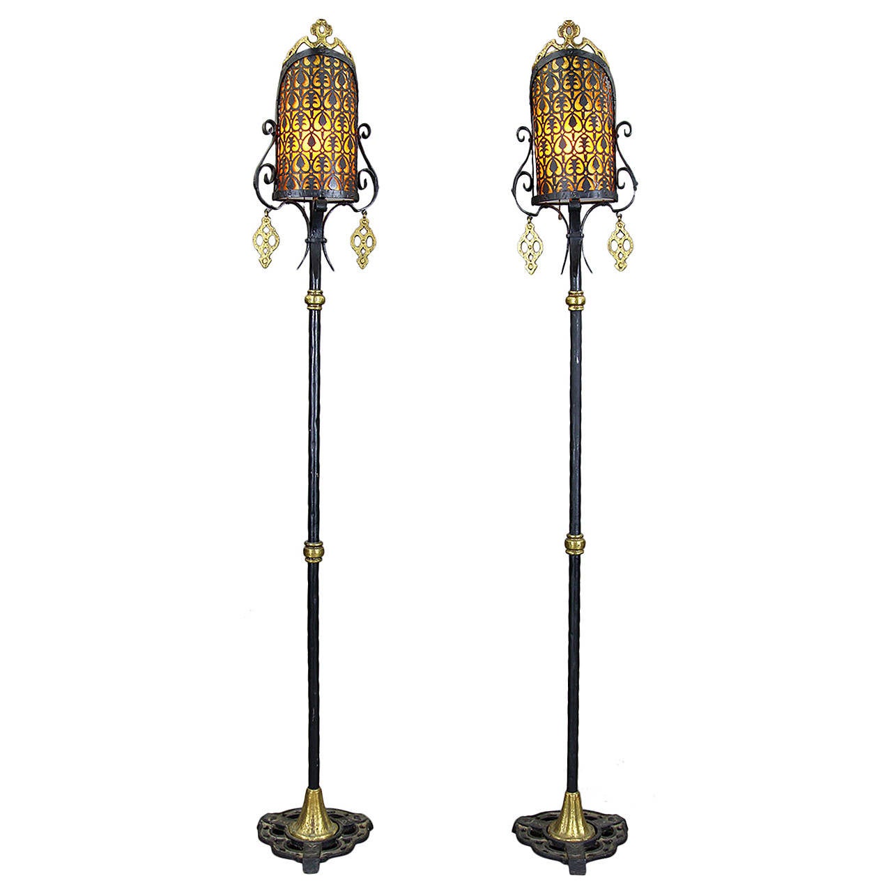 Pair of Wrought Iron Floor Lamps with Celluloid Shade Liners at 1stDibs