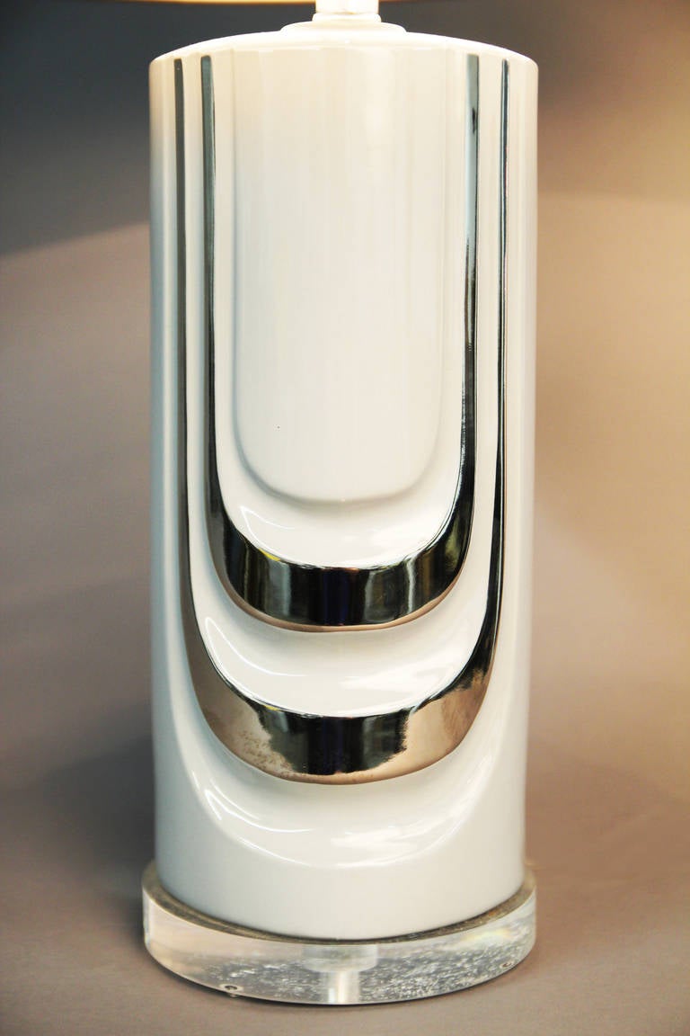 Pair of Ceramic and Chrome Lamps on Lucite Bases at 1stDibs