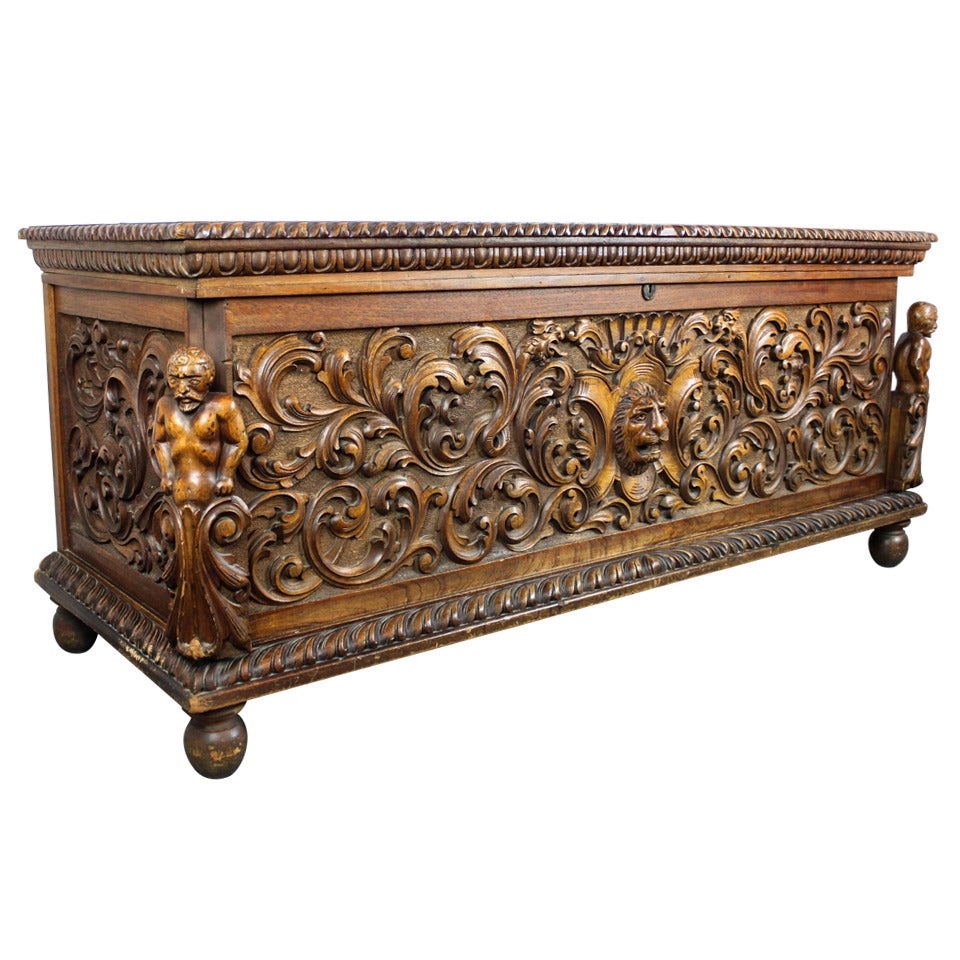 Italian Carved Figural Mahogany Coffer at 1stDibs
