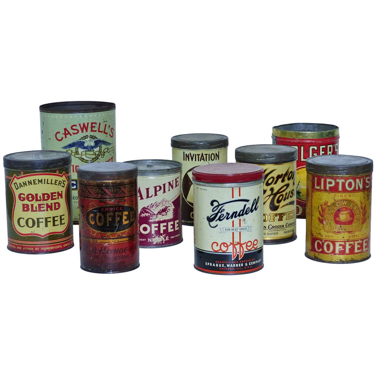 Collection of vintage coffee tins at 1stDibs