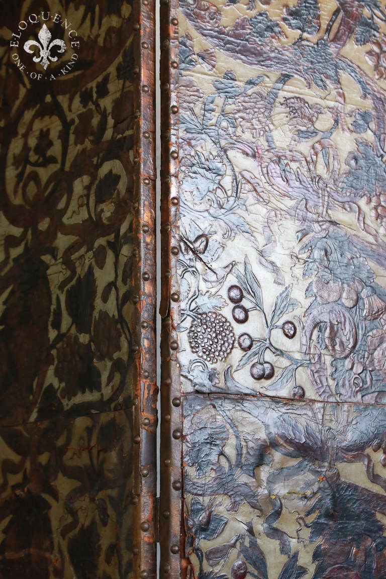 Tall Antique Flemish Leather Screen/Room Divider at 1stDibs