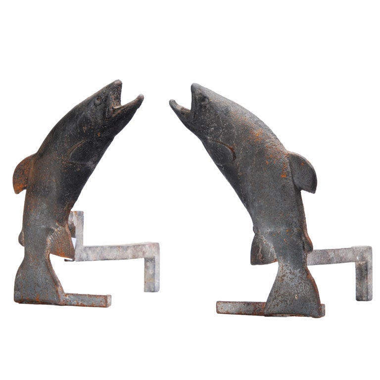 Liberty Foundry Cast Iron Leaping Fish Andirons at 1stDibs