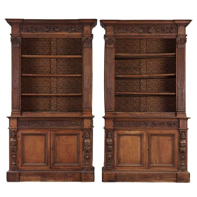 Pair of Italian Renaissance Revival Walnut Bookcases For Sale at 1stDibs