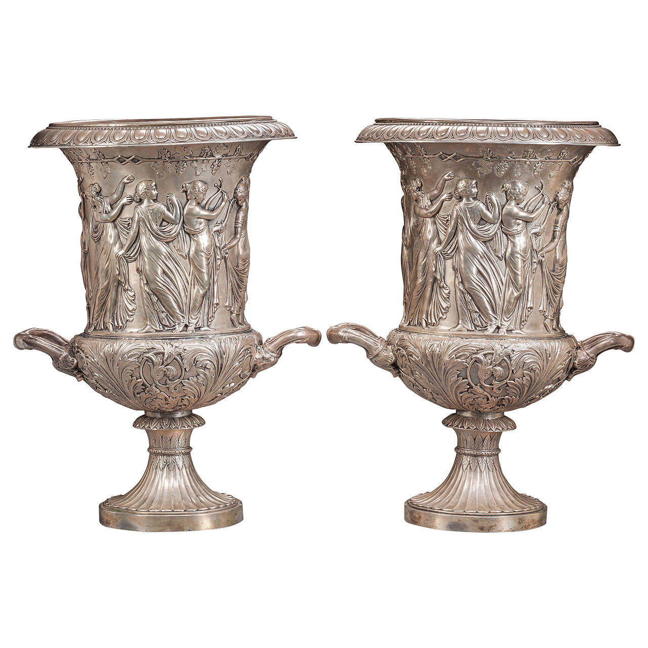 Magnificent Pair of Greco-Roman Style Silvered Urns at 1stDibs