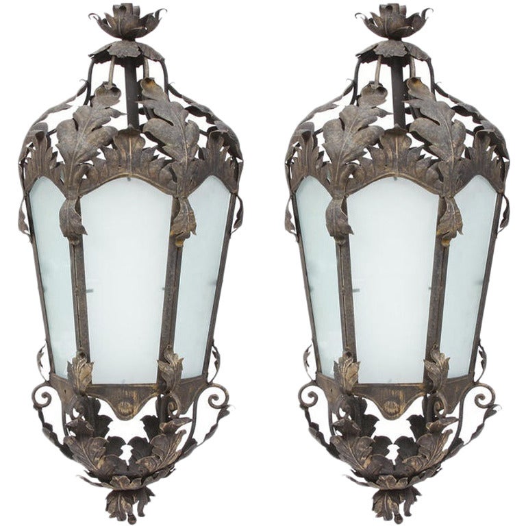 Pair of Large French Rococo Style Wrought Iron Lanterns at 1stDibs