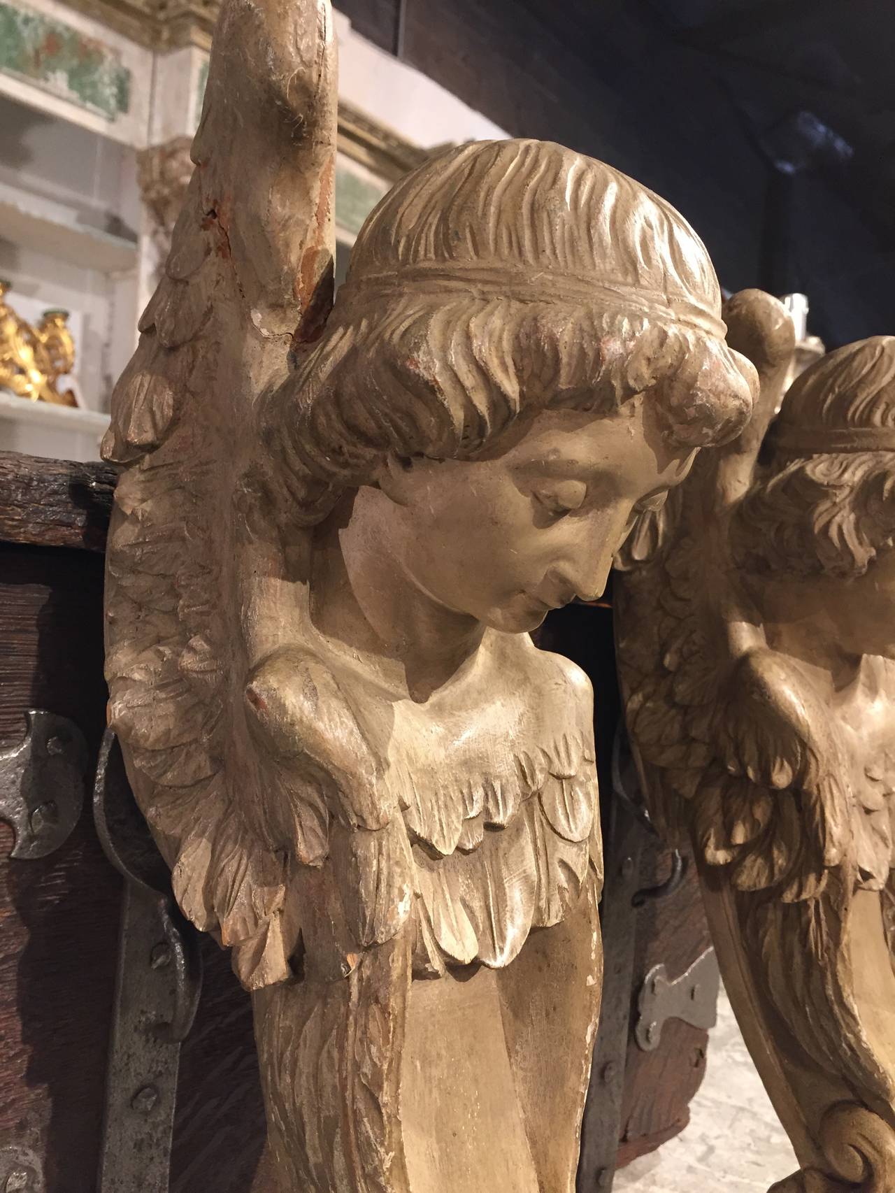 Pair of Antique French Carved and Painted Wooden Angel Sconces at 1stDibs