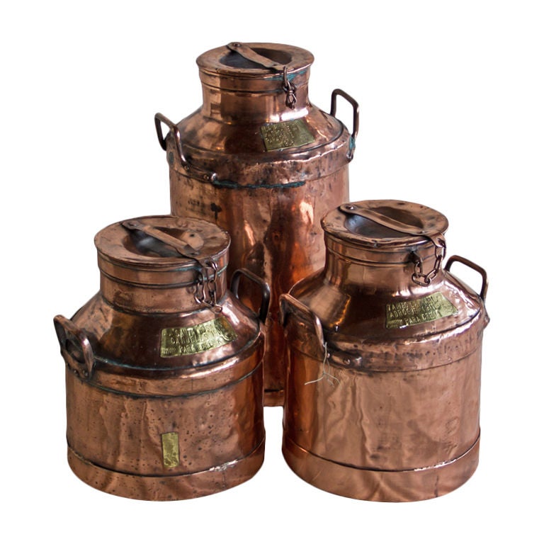 Set of 3 Antique Copper and Brass Dairy Churns from Argentina at 1stDibs
