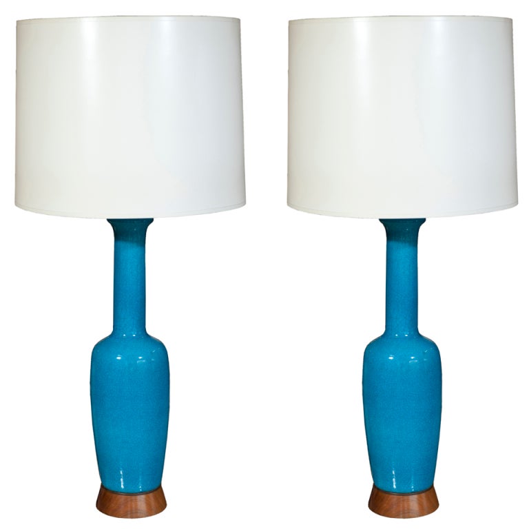 Pair of Turquoise Ceramic Lamps For Sale at 1stDibs