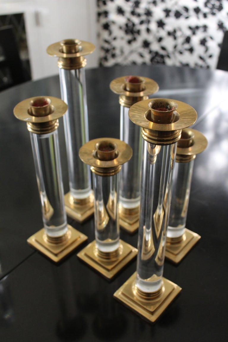 Set of 6 modern Brass and Acrylic candle sticks at 1stDibs