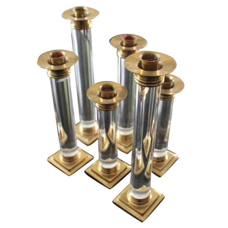 Set of 6 modern Brass and Acrylic candle sticks at 1stDibs