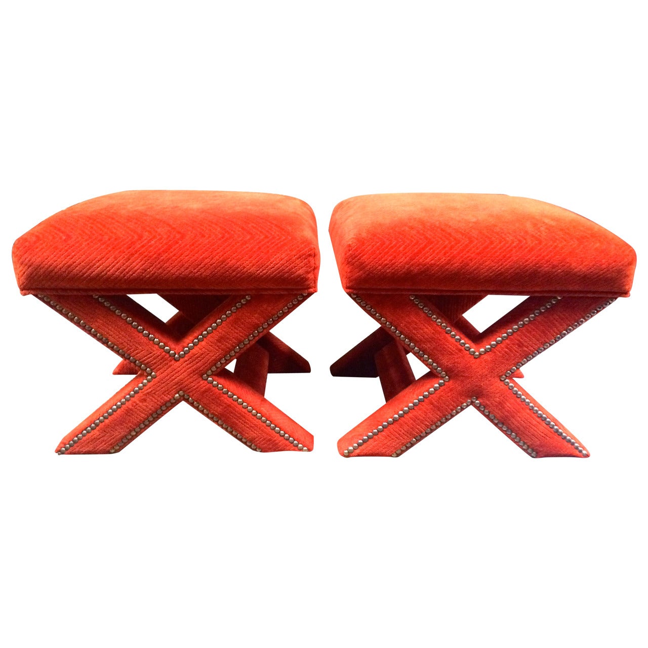 X-Legs Pair of Orange Velvet Ottomans at 1stDibs