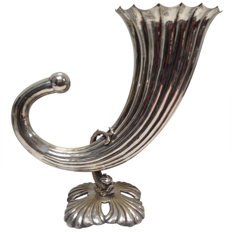 Silver Plate Cornucopia Vase On Stand with Koi detail at 1stDibs