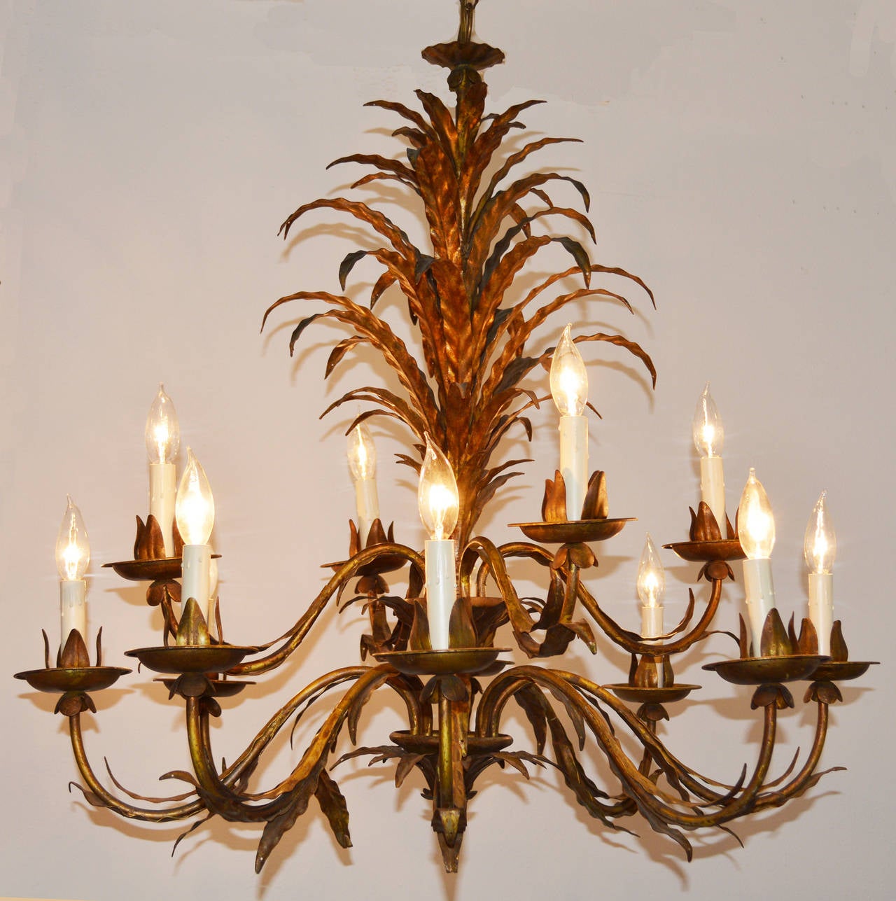 Gilt Metal Twelve-Light Leaf Design Chandelier at 1stDibs
