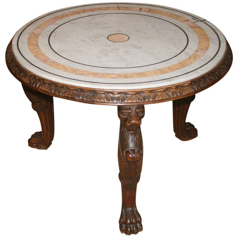 Oak Monopodia Lion Tripod Table with Marble Top For Sale at 1stdibs