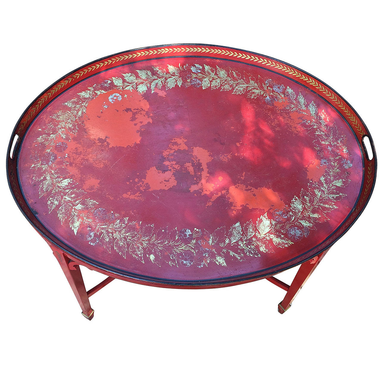 Empire Oval Red Tole Tray Table with Parcel Gilt For Sale at 1stdibs