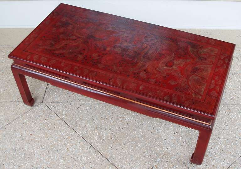 Beautiful Red Lacquer Chinoiserie Coffee Table at 1stDibs