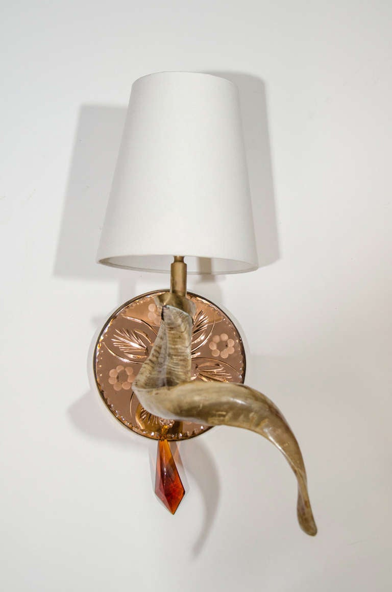 Pair of Venetian Etched Mirrored and Horn Sconces in the Style of ...
