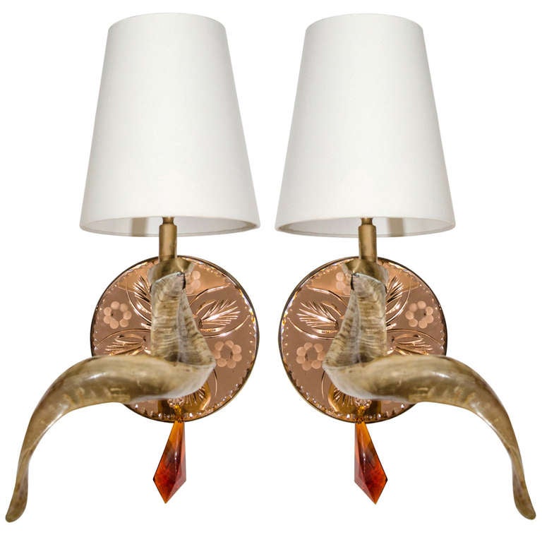 Pair of Venetian Etched Mirrored and Horn Sconces in the Style of ...