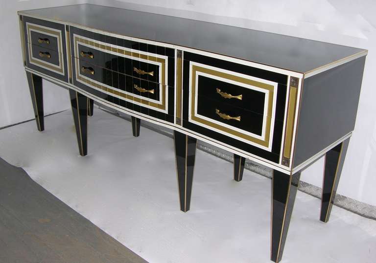 Early 1950s Art Deco Style Italian Black Glass Sideboard With Bronze ...