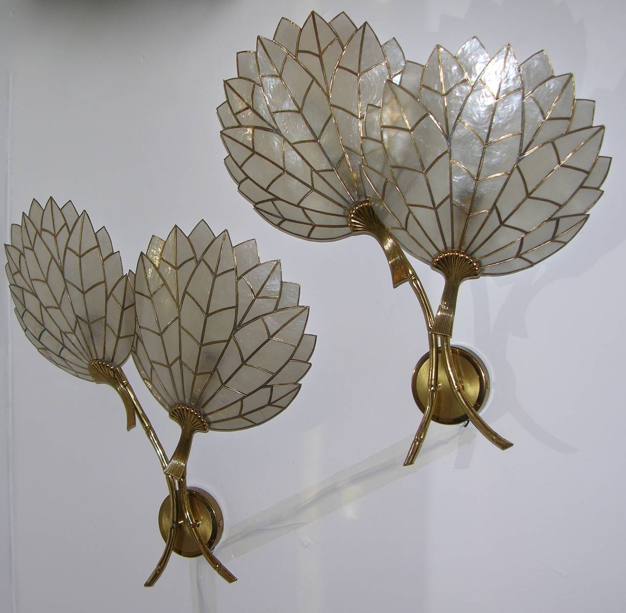 Whimsical Art Deco Pair of Double-Flower Leaded Sconces in Mother-of ...