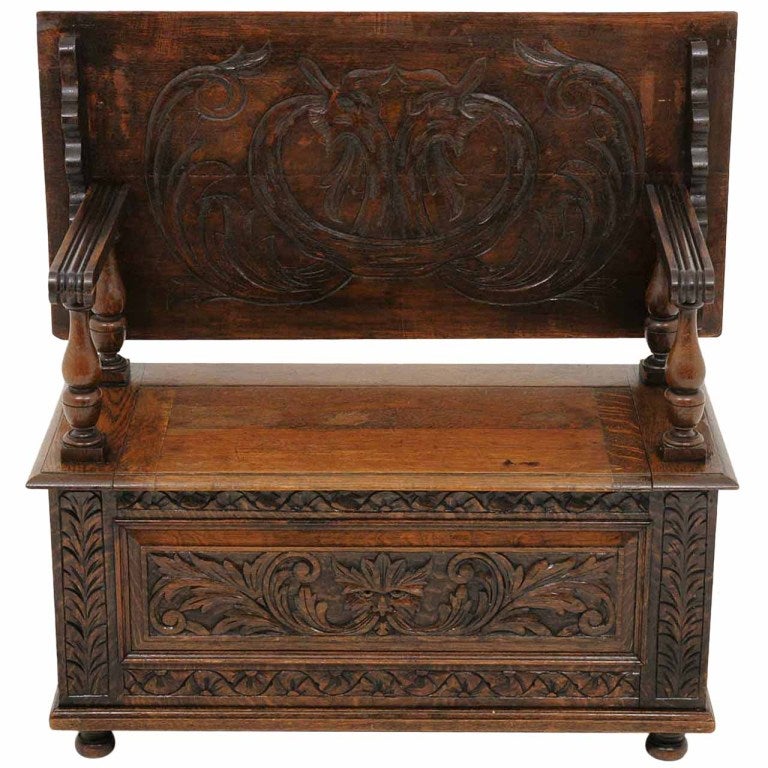 Carved Oak Hall / Monks Bench at 1stDibs