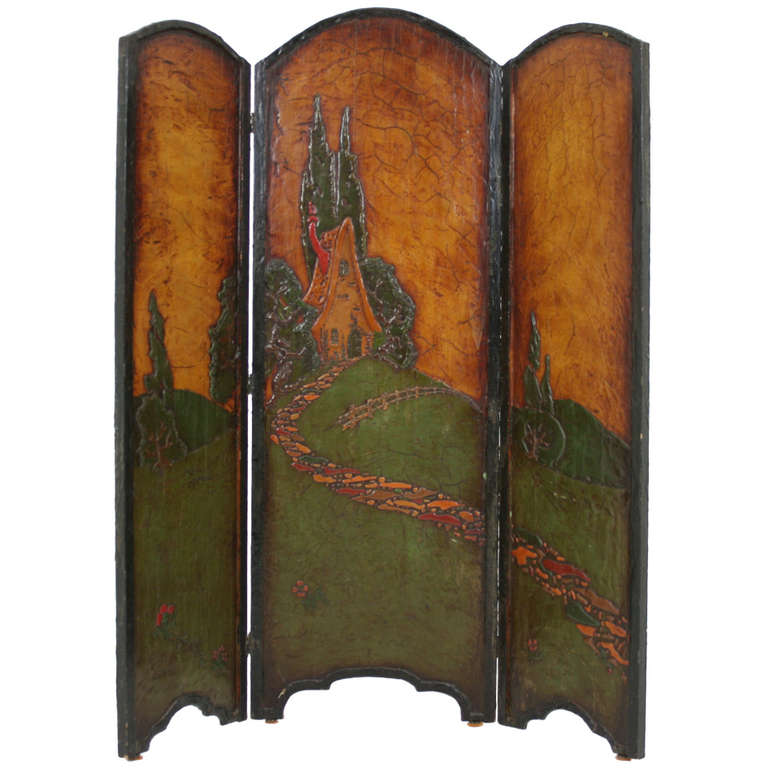 Antique American Hand Painted Three Panel Folding Screen at 1stDibs