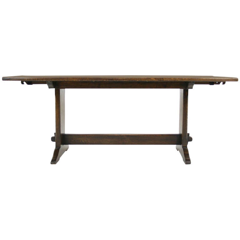 Antique Solid Oak Trestle, Refectory, Farm Table w/ 2 Leaves at 1stDibs