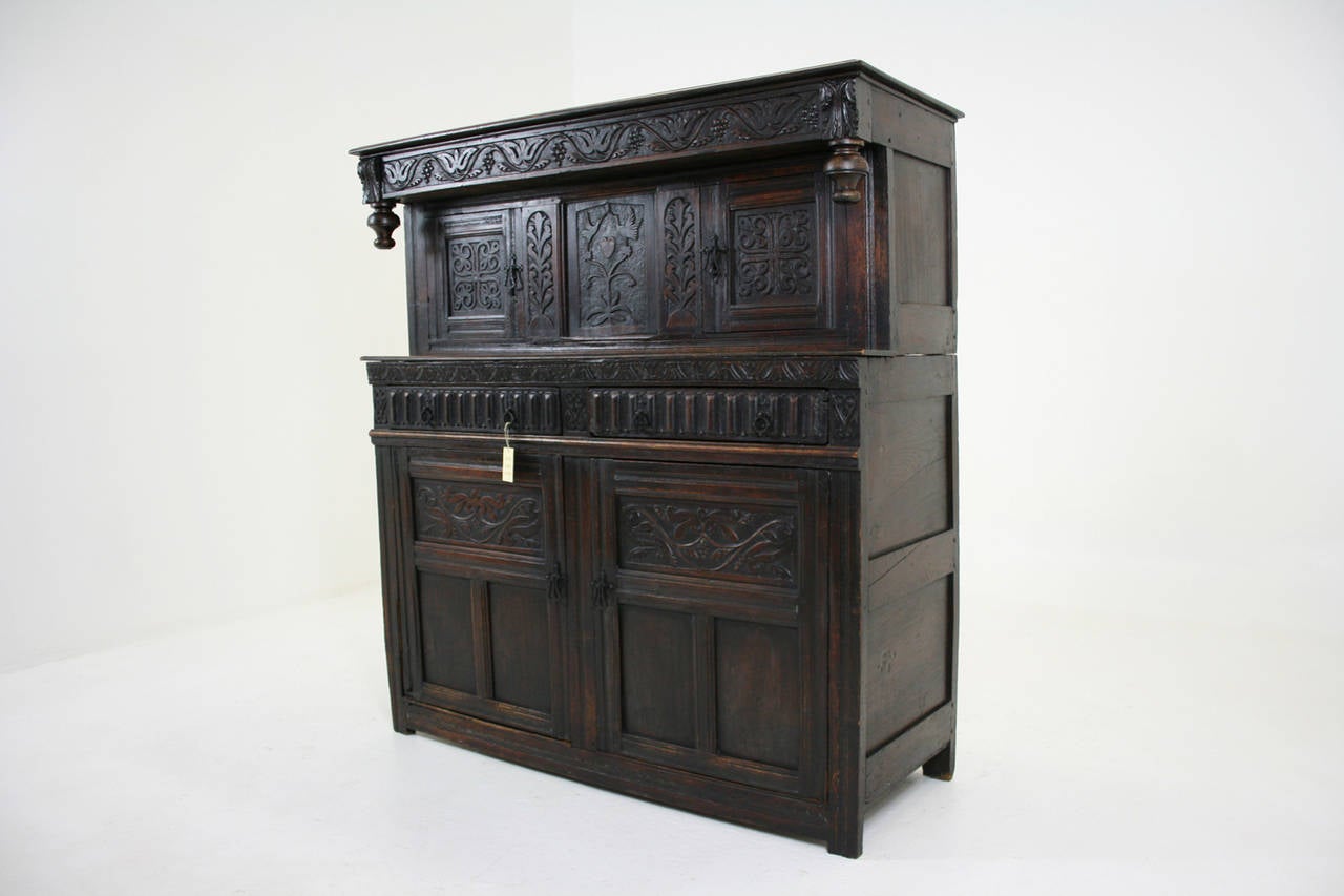 Antique Scottish 18th Century Carved Oak Court Cupboard For Sale at 1stDibs