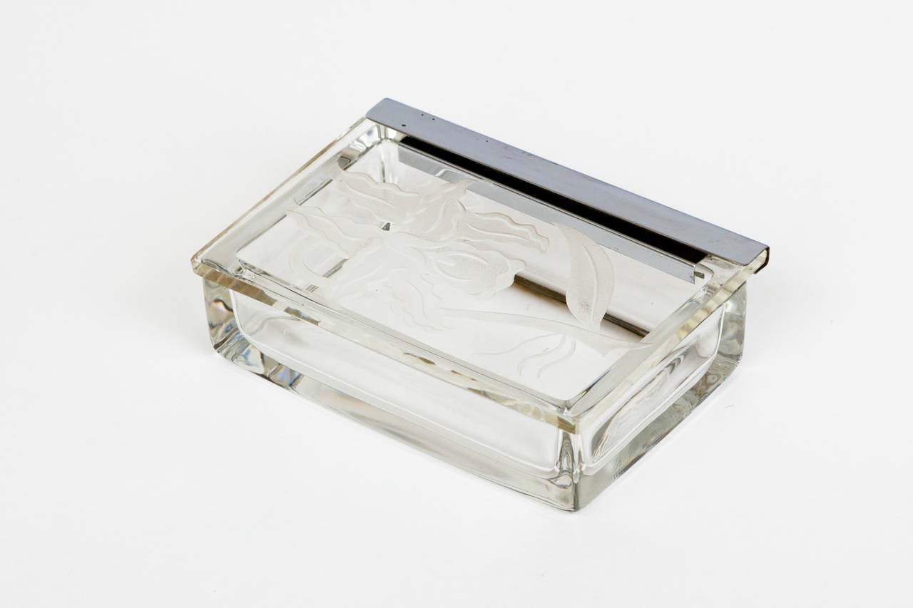 Art Deco Nickel and Engraved Glass Box by Dorothy Thorpe at 1stDibs