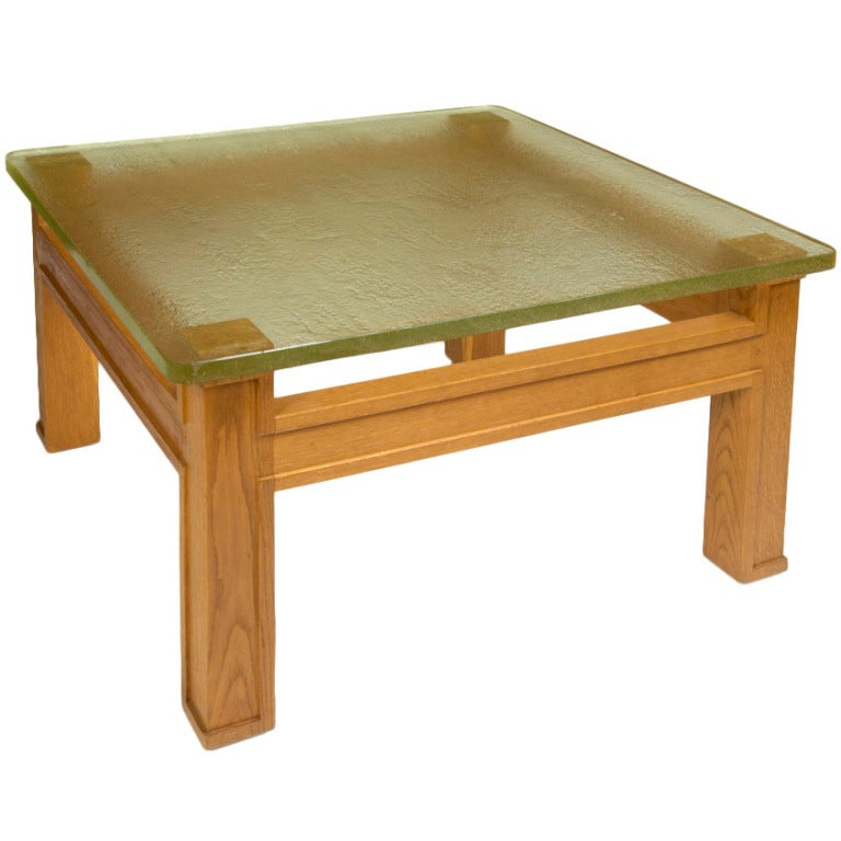 Modernist Oak and Sand Cast Glass Table Attributed to Adnet, circa 1950 ...