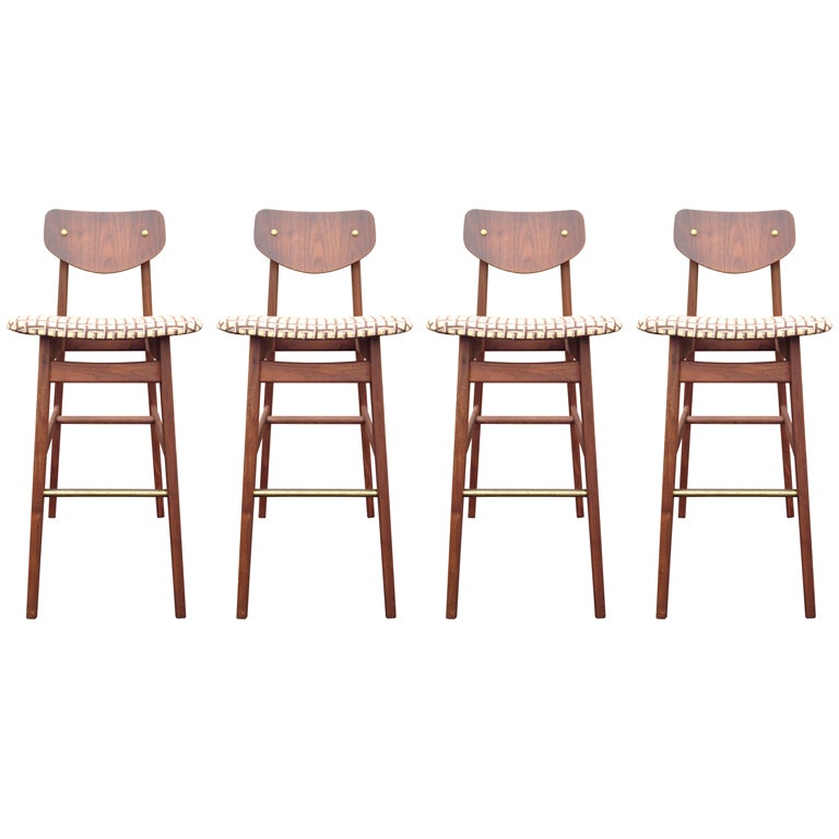 Jens Risom Walnut and Brass Barstools at 1stDibs