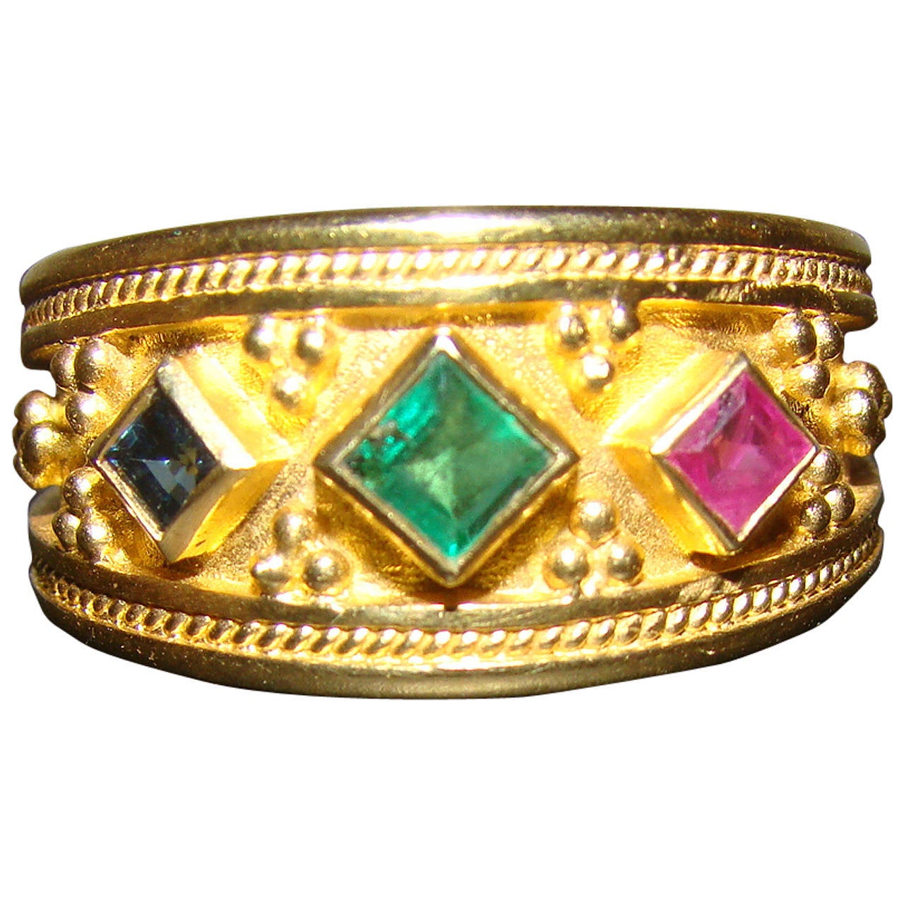 18-Karat Gold Emerald Sapphire and Ruby Antique Etruscan Ring at 1stDibs