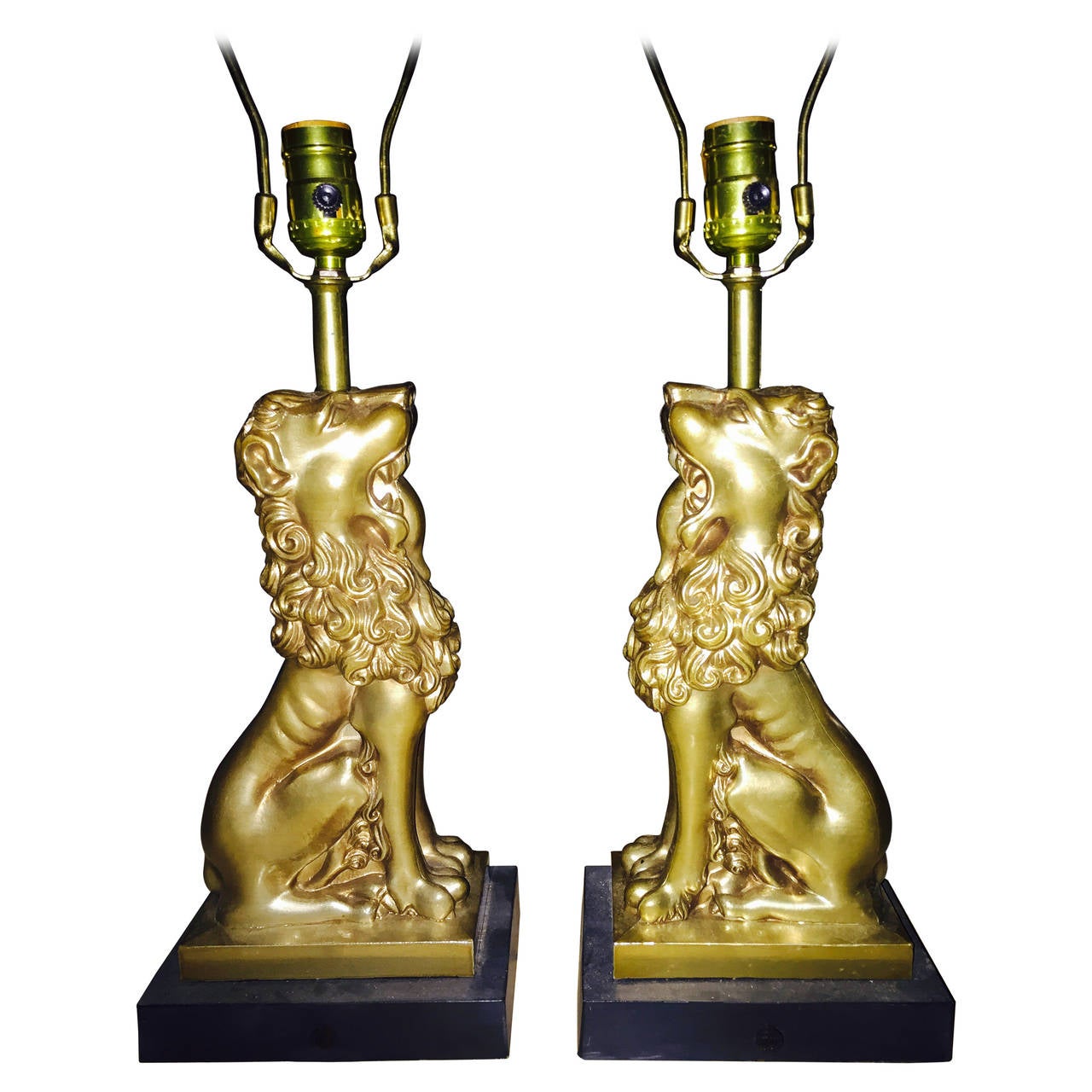 Pair of Sculptural Brass Mid-Century Lion Lamps at 1stDibs