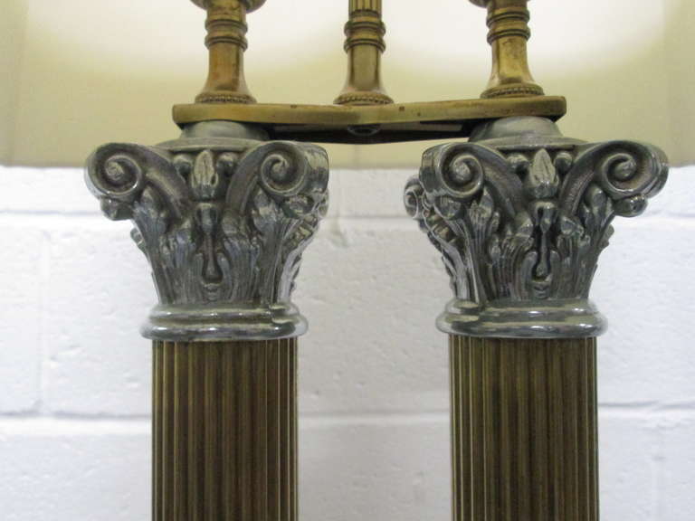 Pair of Brass Neoclassical Style Double Column Lamps For Sale at 1stDibs