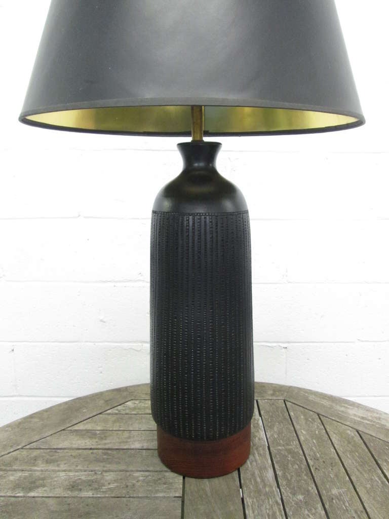Pair of Raymor Ceramic Lamps with Teak Base at 1stDibs