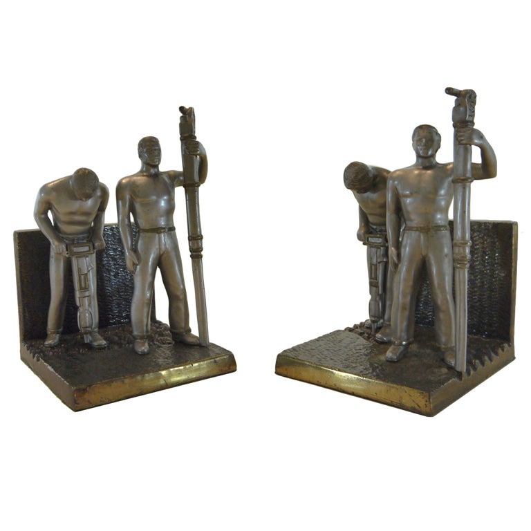 Bookends "Men at Work" heavy pair WPA at 1stDibs