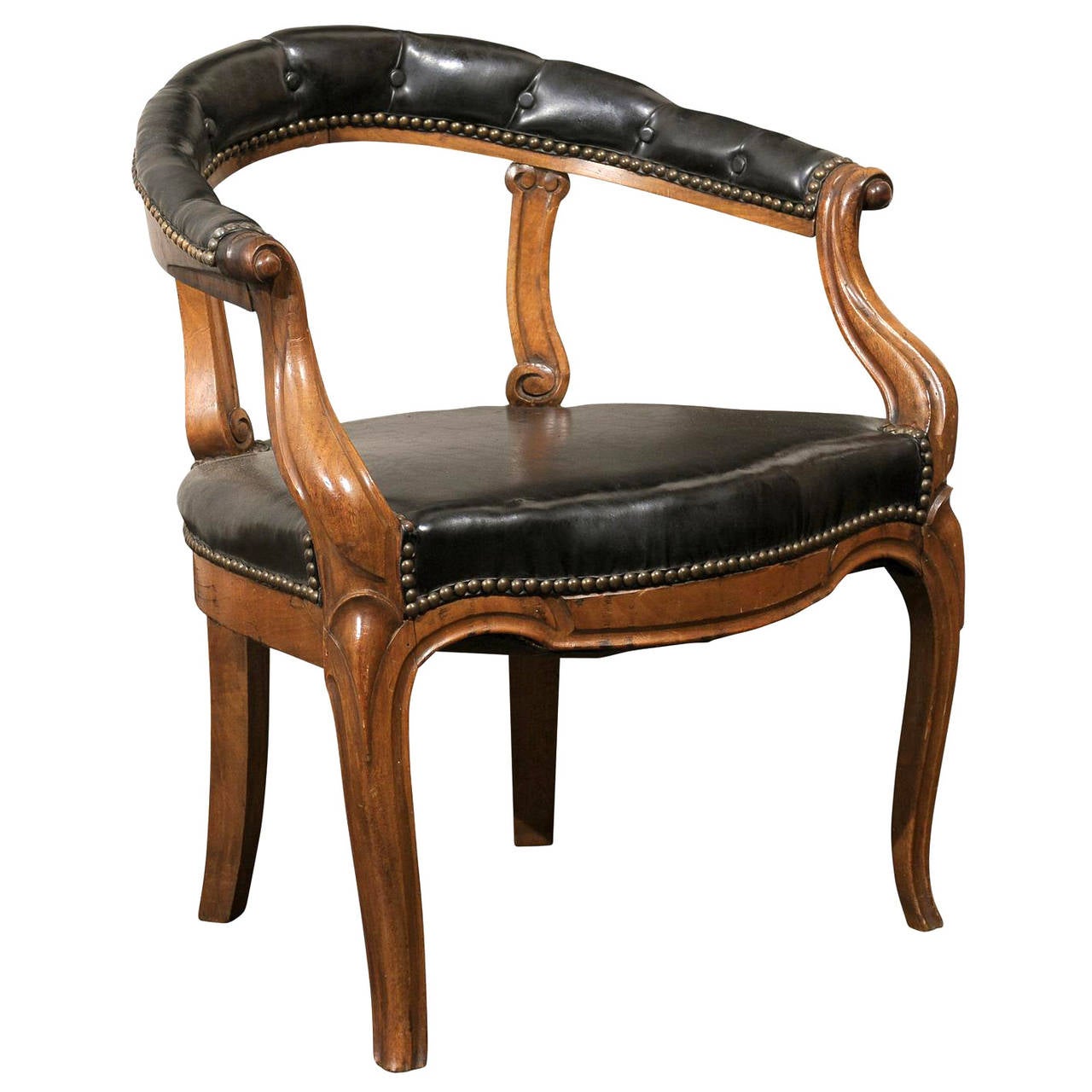 Italian Walnut and Leather Library Chair at 1stDibs
