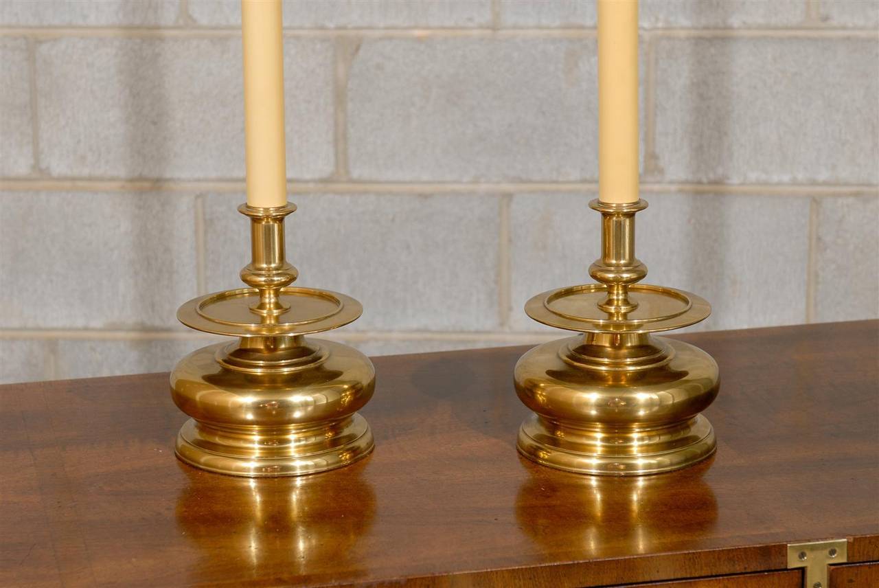 Pair of Mid Century Brass Candlestick Lamps at 1stDibs