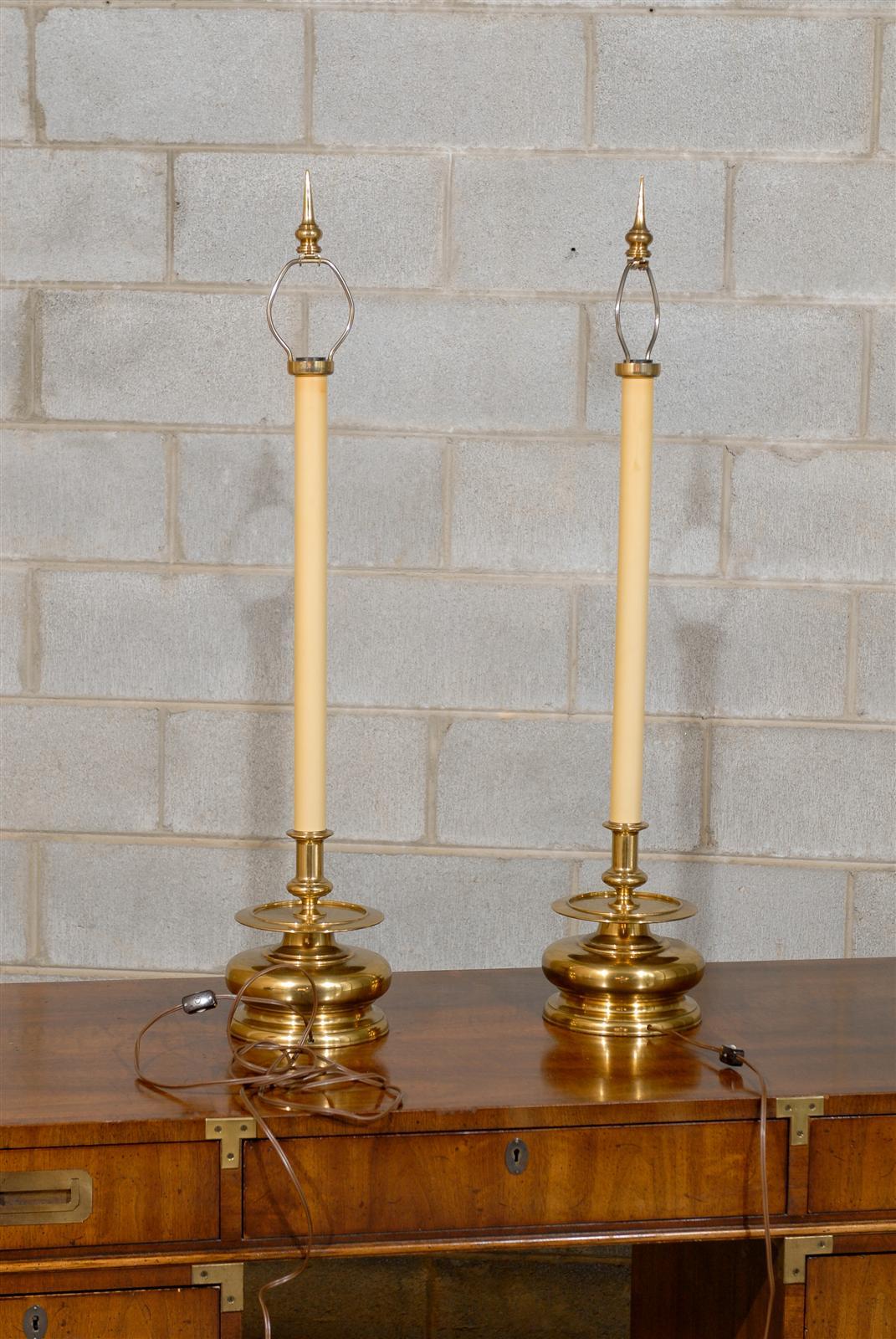 Pair of Mid Century Brass Candlestick Lamps at 1stDibs