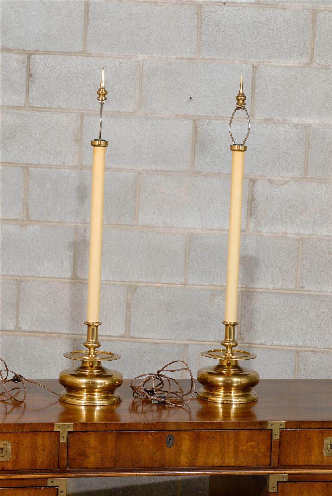 Pair of Mid Century Brass Candlestick Lamps at 1stDibs