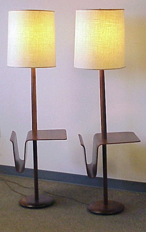 Pair of Bent Ply Magazine Tables with Attached Lamps at 1stDibs