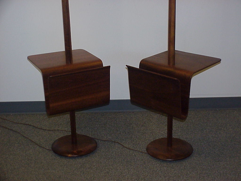 Pair of Bent Ply Magazine Tables with Attached Lamps at 1stDibs