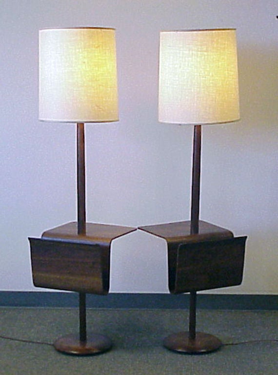 Pair of Bent Ply Magazine Tables with Attached Lamps at 1stDibs
